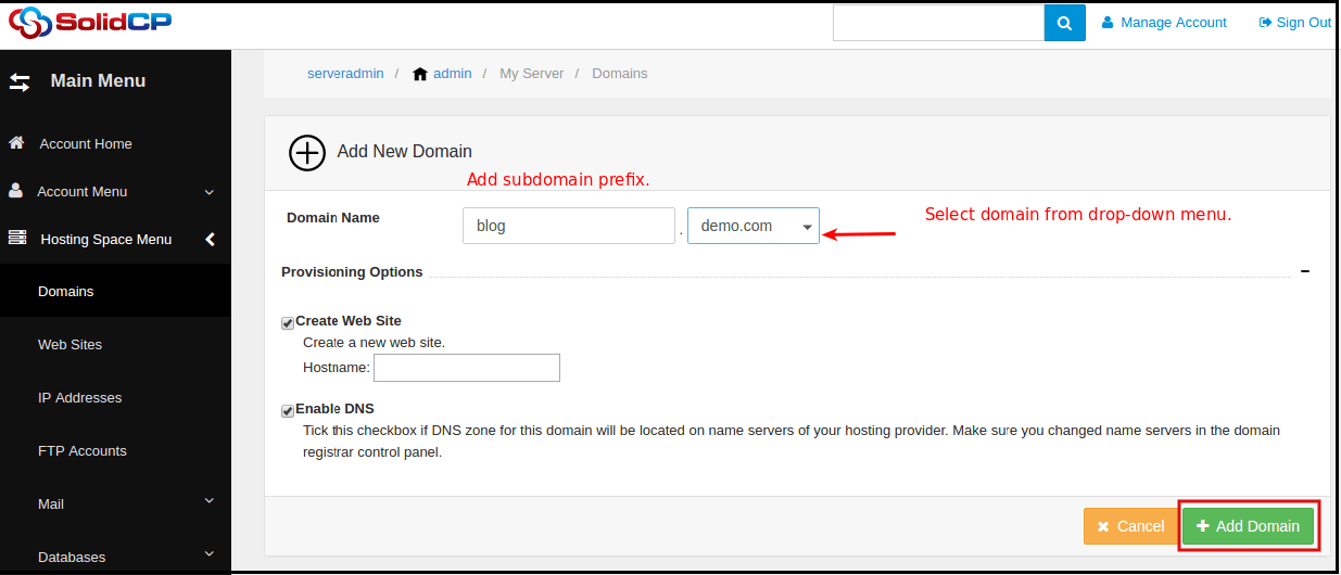 How to add a sub-domain in SolidCP - Diadem Technologies : Support Knowledgebase
